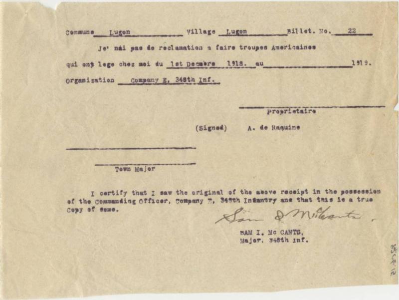 Billet/Receipt, World War I Military Clearance – Works – eMuseum