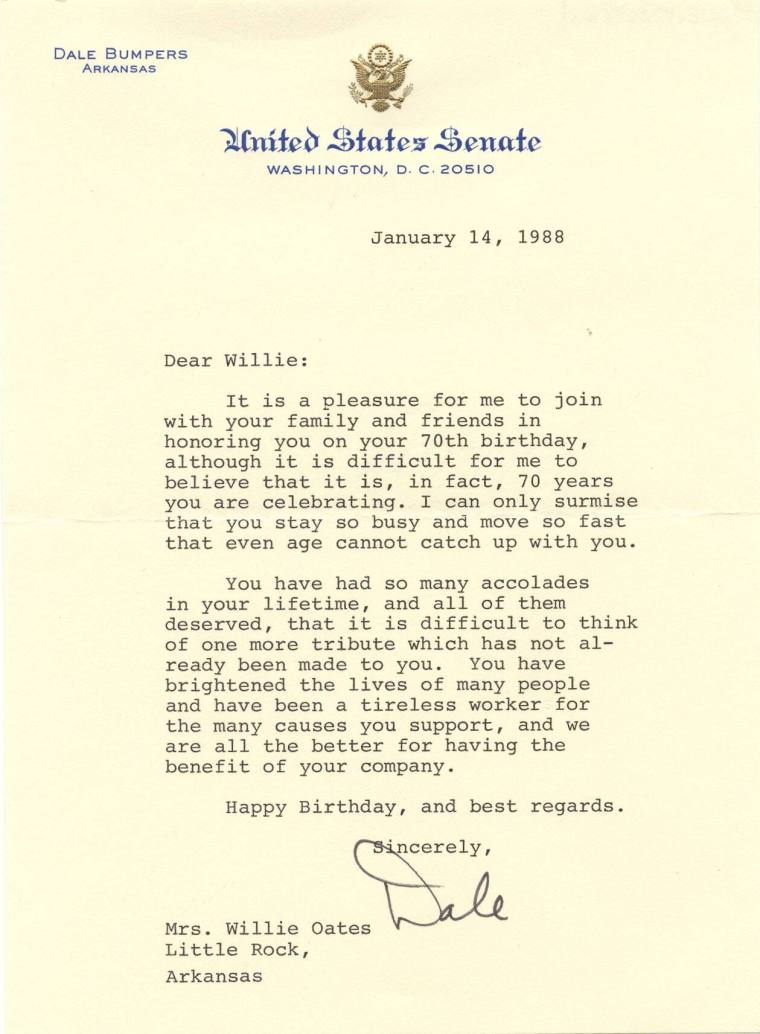 Letter, Willie Oates from Sen. Bumpers – Works – eMuseum