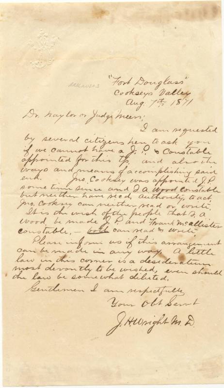 Letter, Fort Douglas Request for J.O.P. & Constable – Works – eMuseum
